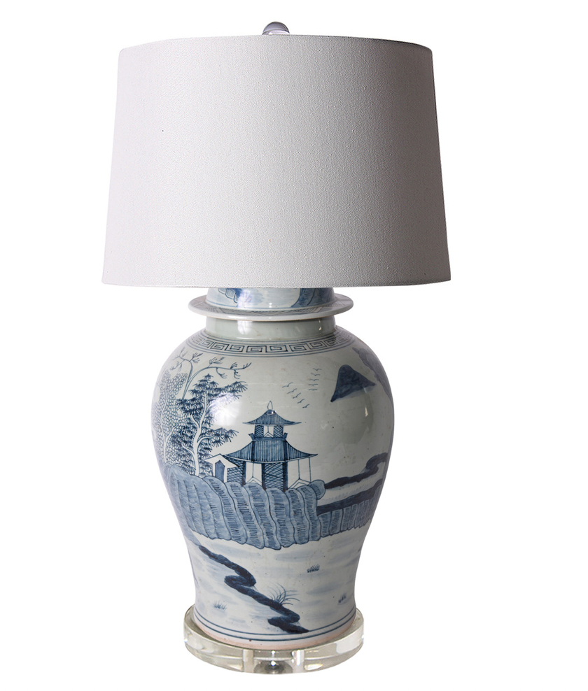 Blue Landscape Temple Jar Lamp with Acrylic Base | Luxury Lamps — Grace ...